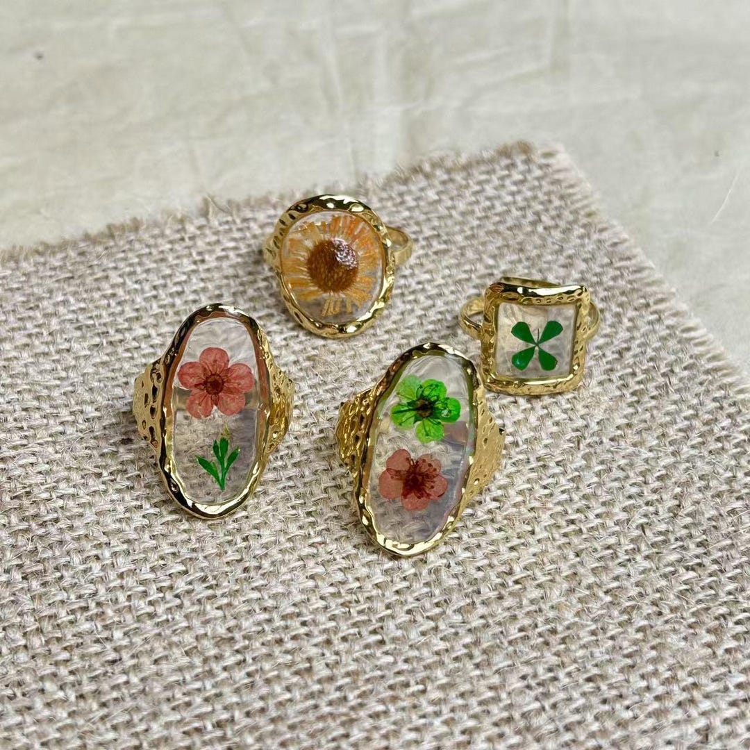 Handmade Dried Flower Ring - Personalized Flower Ring - Adjustable Gold ...
