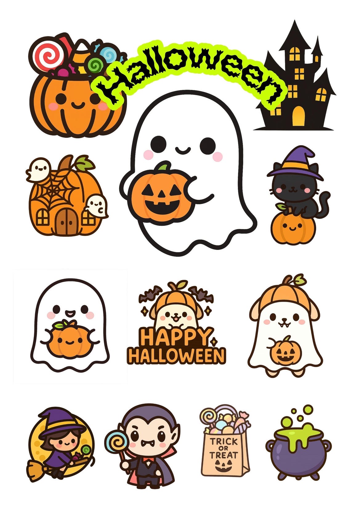Cute Halloween Clipart Pack | Adorable Ghost, Black Cat, Pumpkin House ...