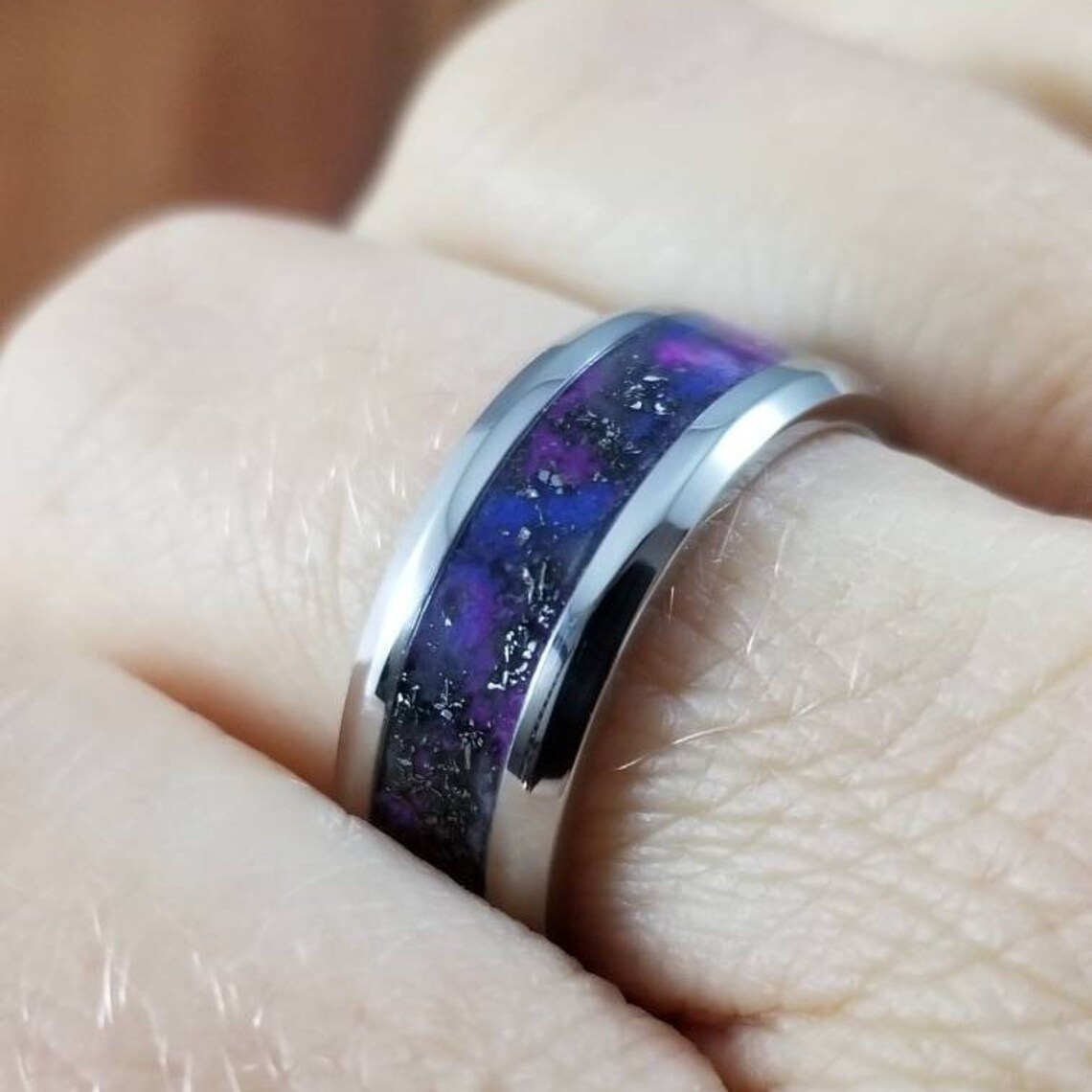 Purple Glow Meteorite Ring 8mm Stainless Steel Ring | Etsy