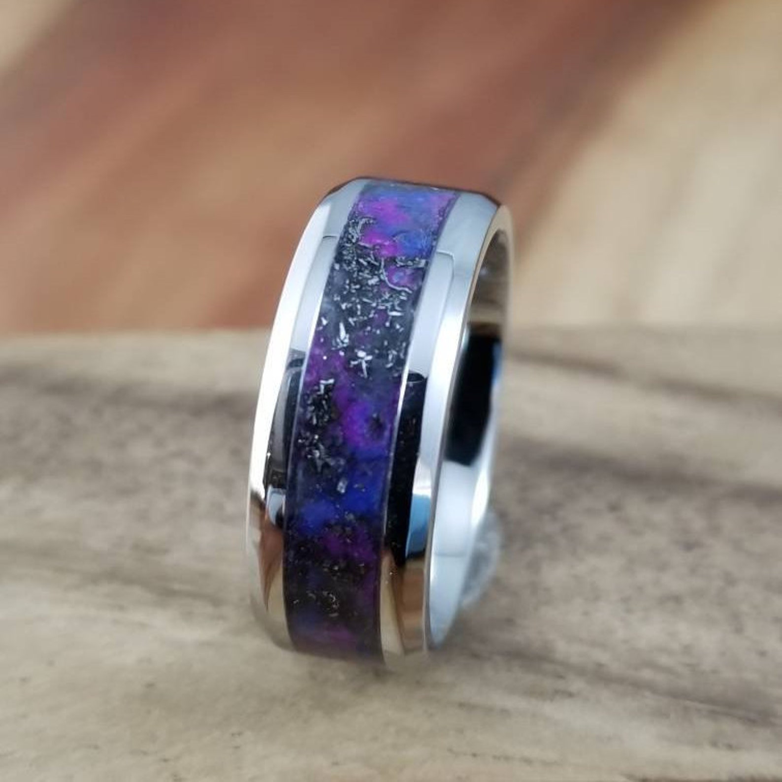 Purple Glow Meteorite Ring 8mm Stainless Steel Ring | Etsy