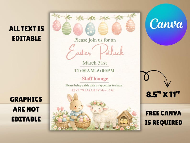 Editable Easter Potluck Invite, Spring Potluck Party Printable, Canva ...