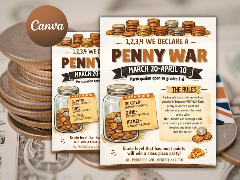 Penny War Flyer Editable Template, Coin Drive Fundraiser, Canva ...