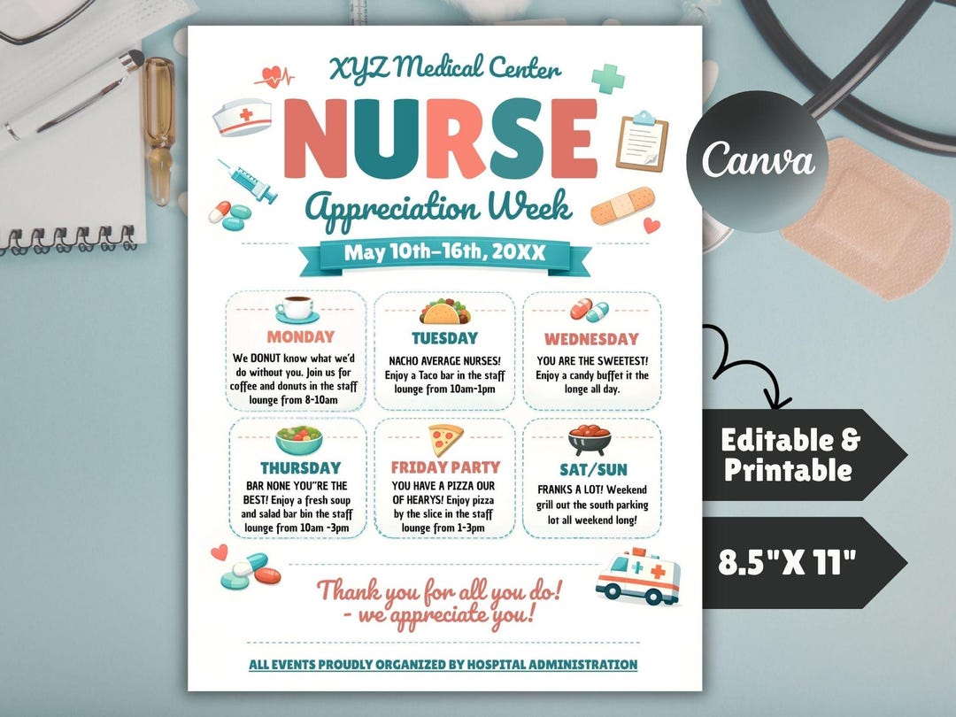 Editable Nurse Appreciation Week Flyer | Nursing Itinerary Template ...