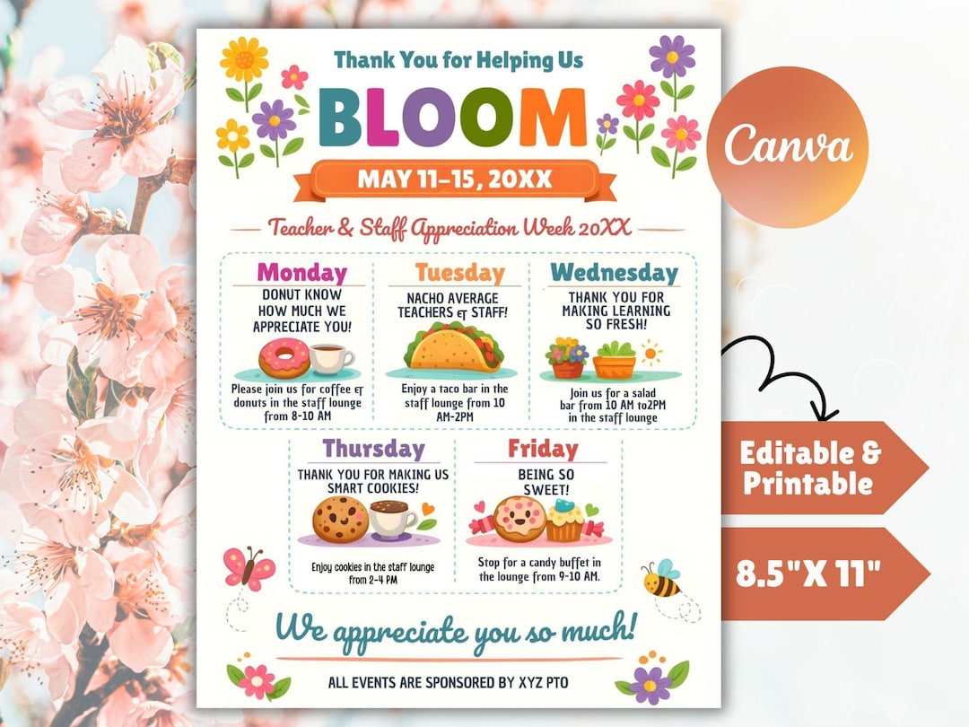 Floral Theme Teacher Appreciation Week Itinerary Flyer, Help Us Bloom ...