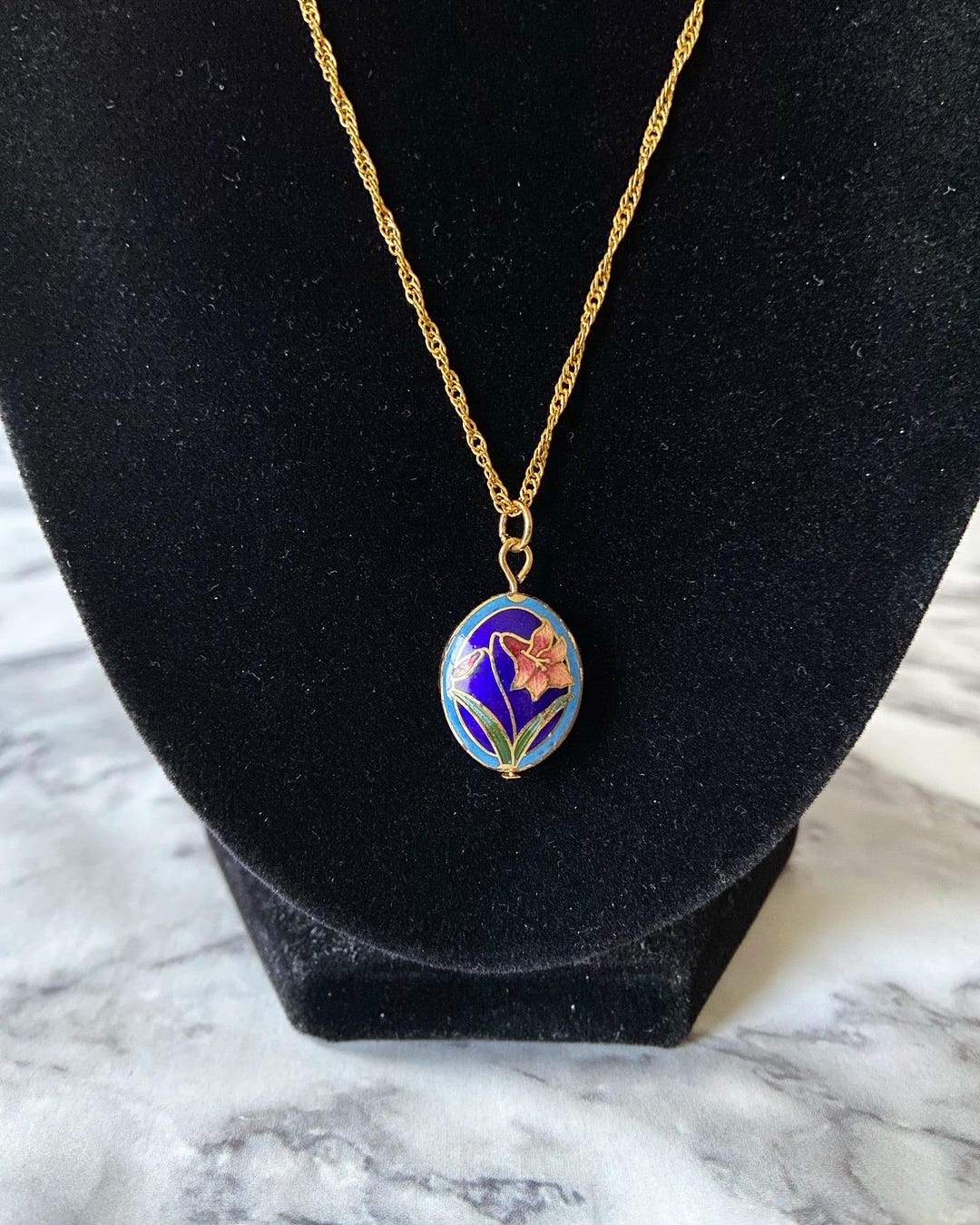 Vintage Small Puffy Dark Blue Oval Lily Floral Cloisonné Enamel Pendant ...