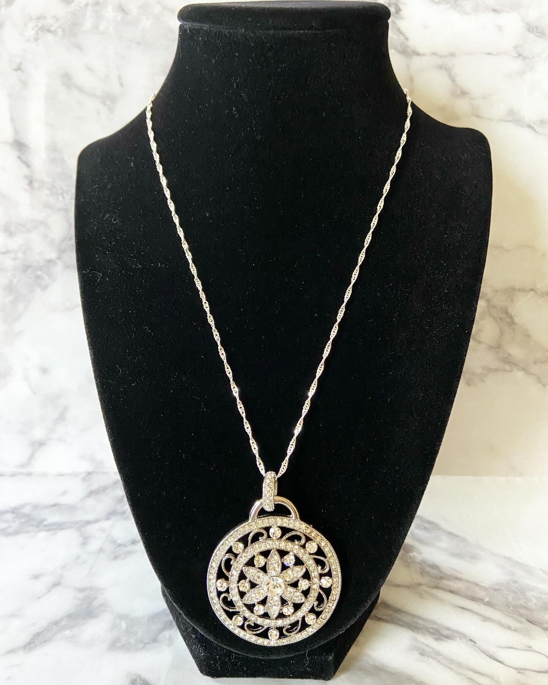 Silver Colored Floral Crystal Large Medallion Necklace - Etsy