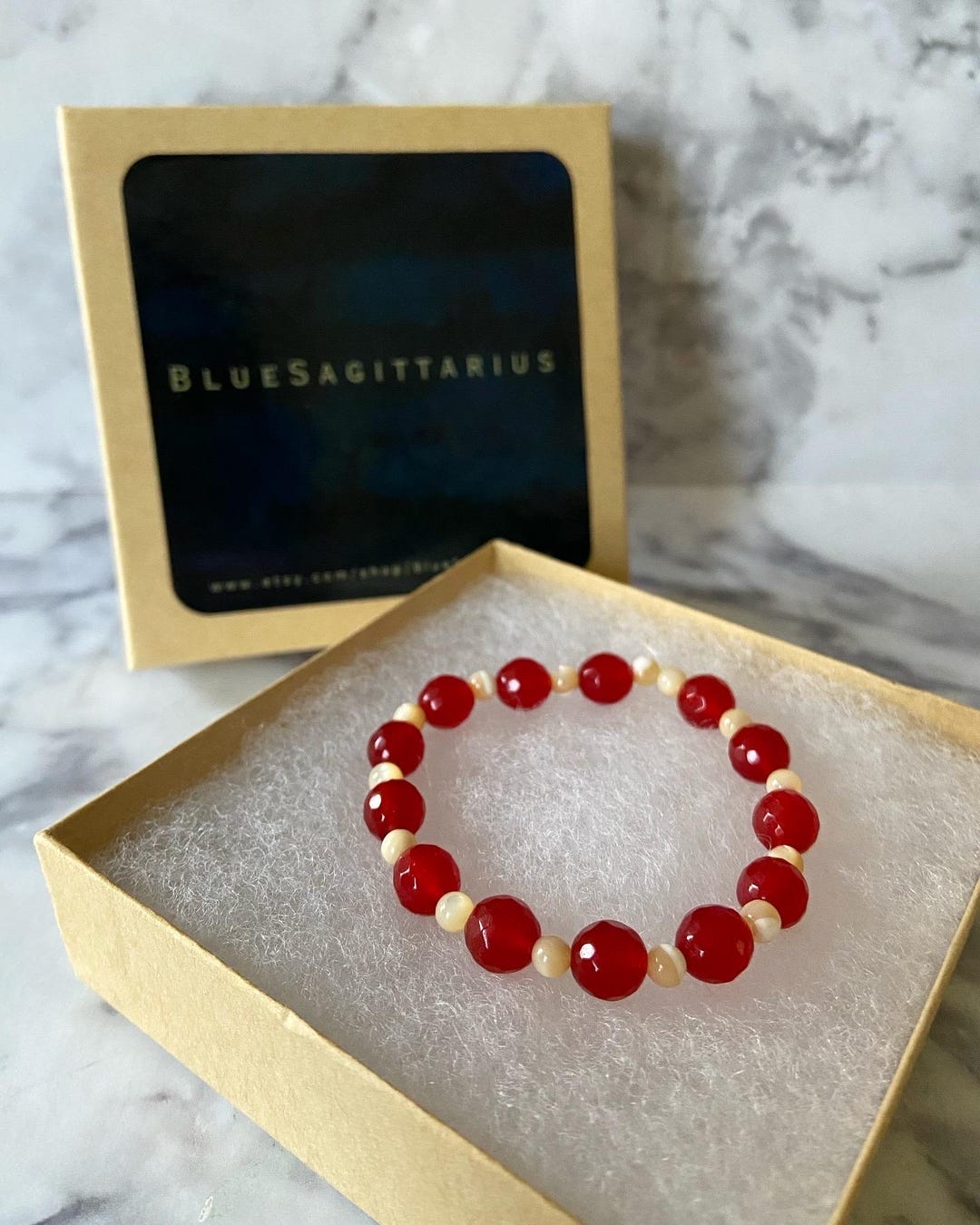 Faceted Red Jade Dyed Color Enhanced Stretch Bracelet With Mother of ...