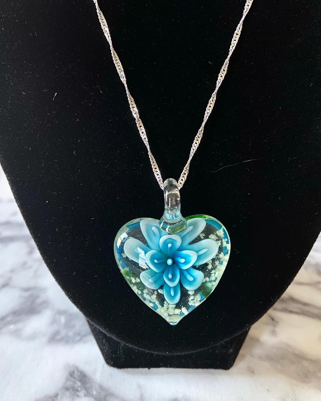 Large Light Blue & Green Floral Murano Style Heart Glass Necklace ...