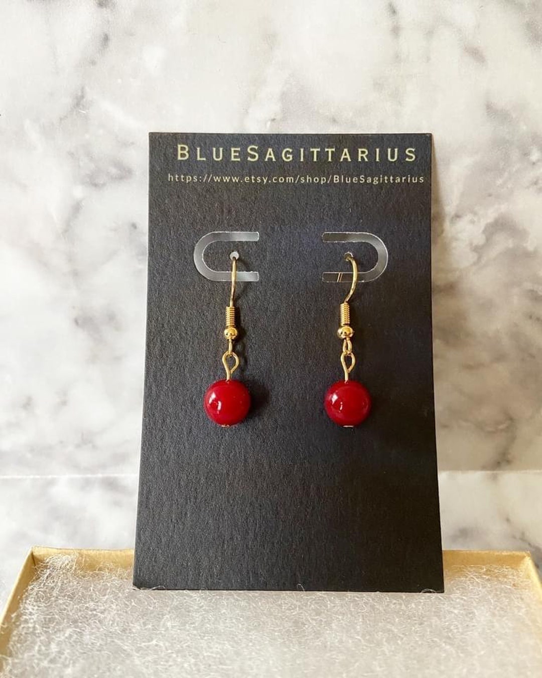 Red Jade Dyed Color Enhanced Drop Earrings With 8mm Round Beads on 18K ...