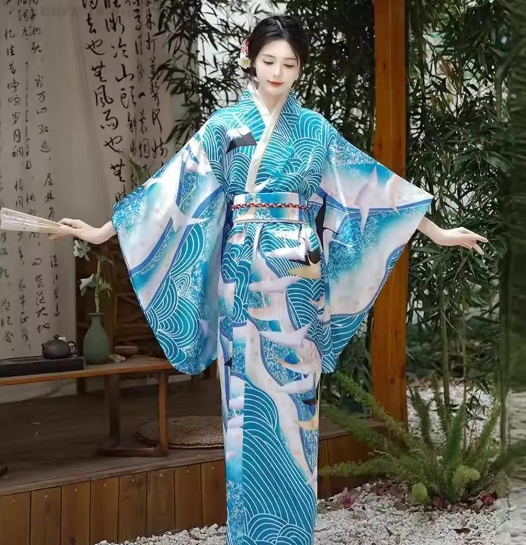 Japanese Kimono Dress for Women, Vintage Blue Yukata Cosplay Costume ...
