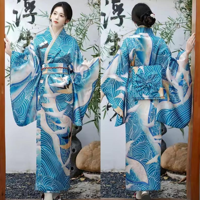 Japanese Kimono Dress for Women, Vintage Blue Yukata Cosplay Costume ...
