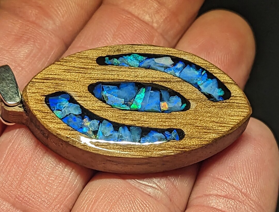 Opal Inlay Pendant 1 Wide X 1 3/4 Long Solid Walnut Wood Natural ...