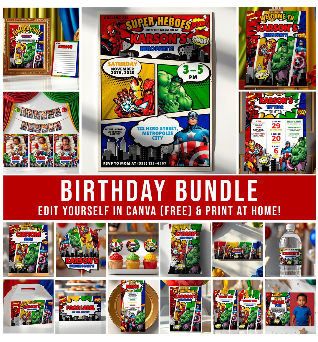 Super Hero Birthday Bundle: Comic Book Template (digital Download ...