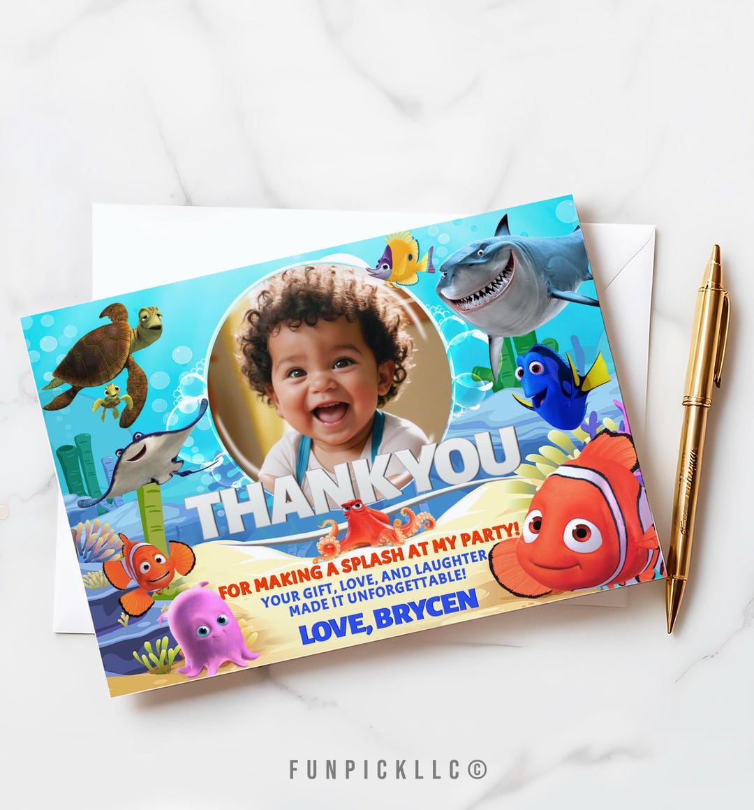 Finding Nemo Birthday Thank You Card: Editable Ocean Greeting Card for ...