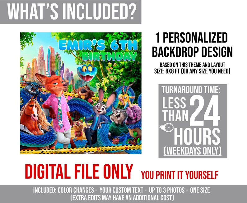 Zootopia Birthday Photo Backdrop, Zootropolis' Animals Party Banner ...