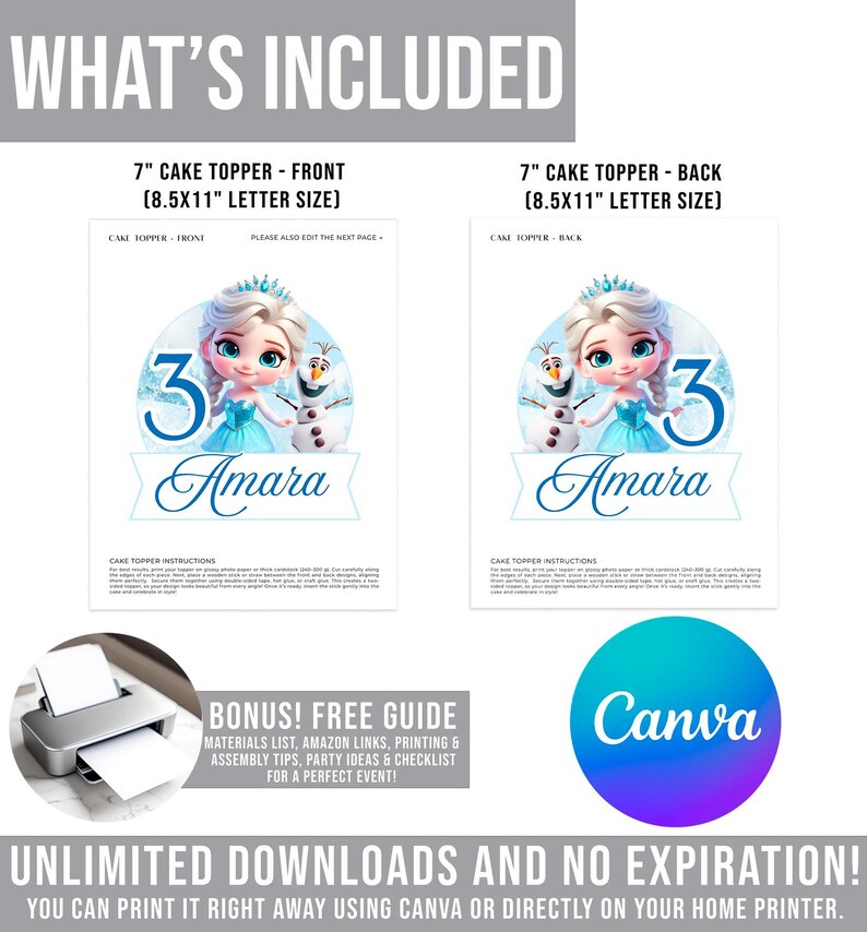 Frozen Cake Topper: Elsa and Olaf Girl Birthday Decor, Editable Canva ...