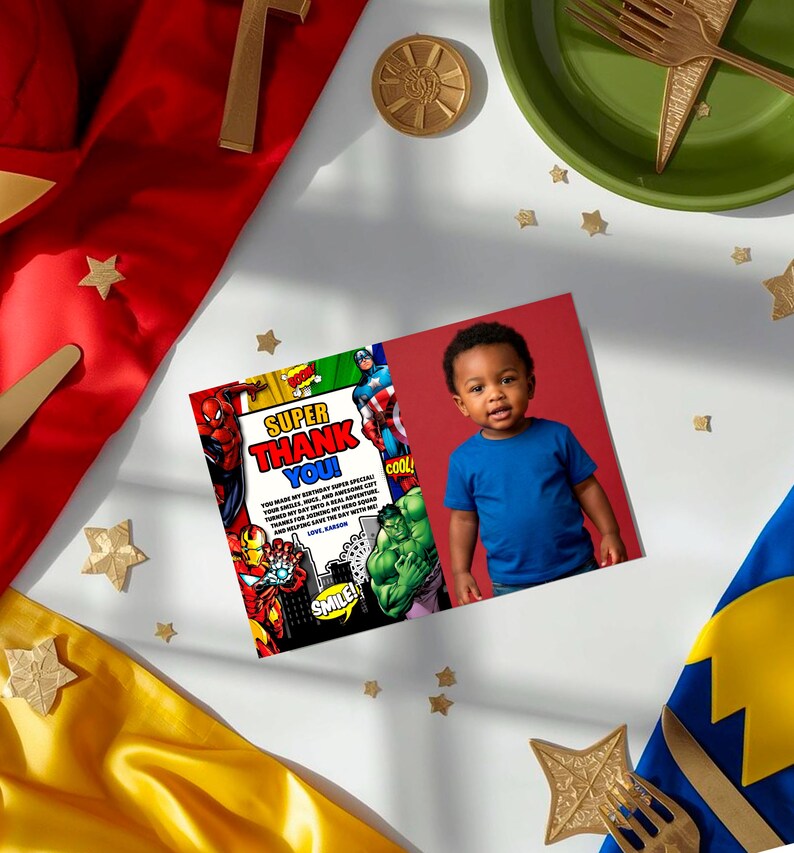 Super Hero Birthday Thank You Card: Comic Book Greeting Card Template ...