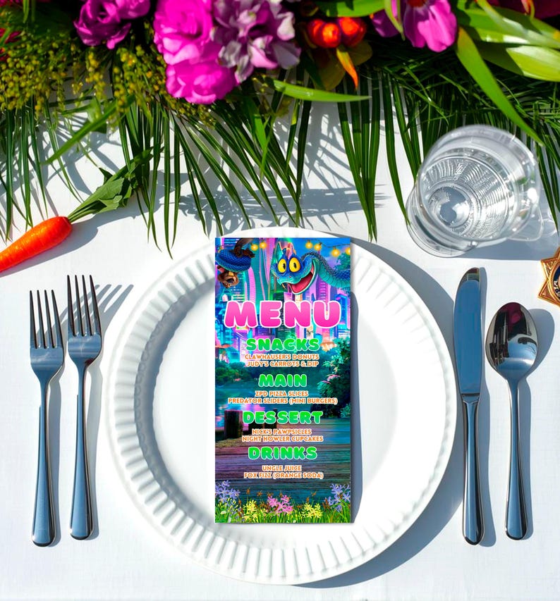 Zootopia Party Menu: Birthday Dinner List Table Setting Decor, (digital ...