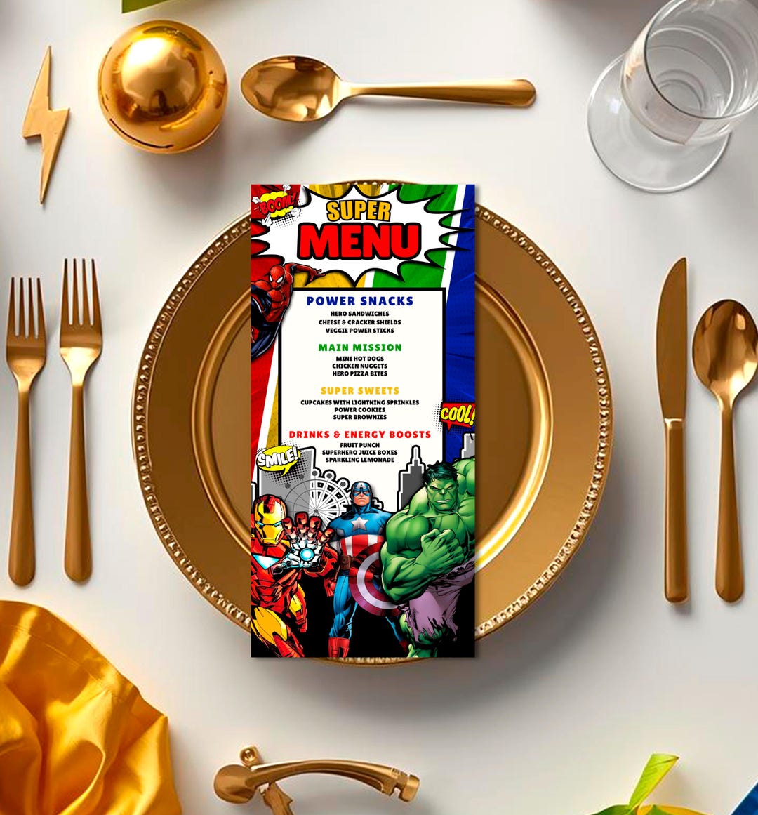 Super Hero Birthday Menu: Comic Book Menu Sign Template (digital ...