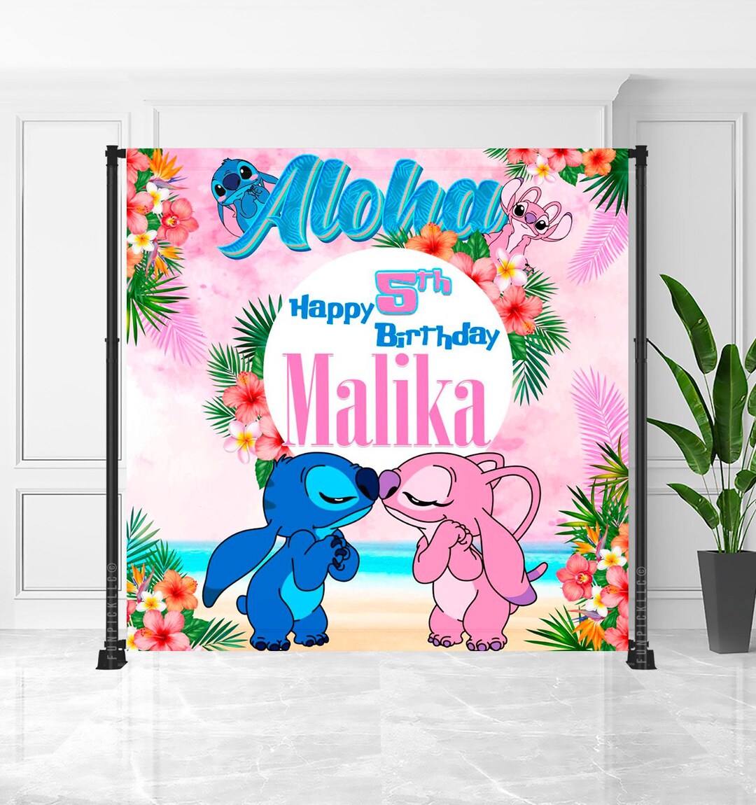 Stitch and Angel Birthday Backdrop: Pink Tropical Hawaiian Luau Party ...