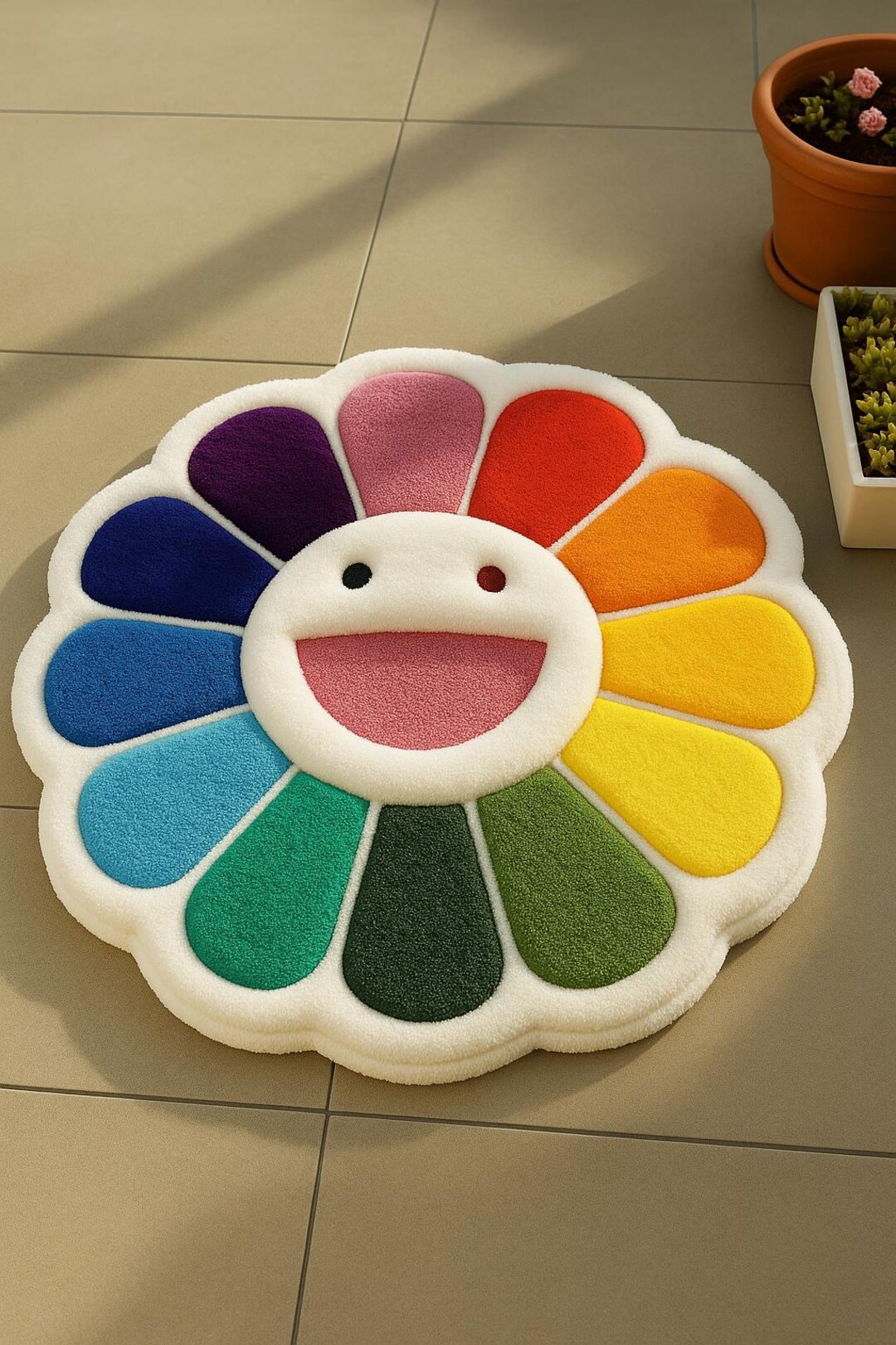 Hand-tufted Flower Shape Rug, Colorful Smiley Face Area Rug, Modern ...