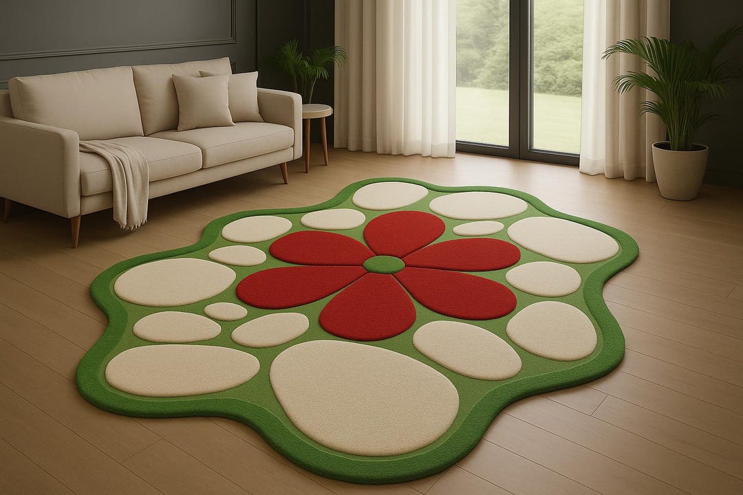 Modern Unique Bloom Design Wool Rug – Red Flower, Green & Cream Pebble ...