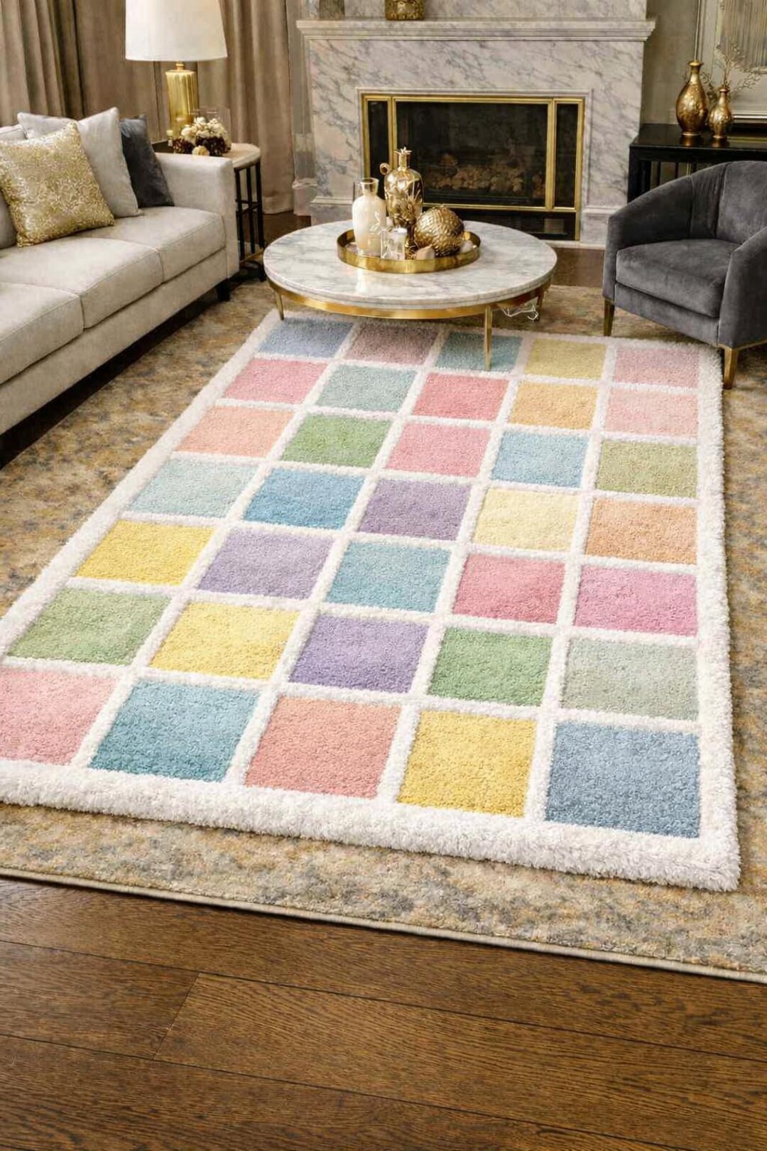 Pastel Checkered Area Rug 5x7, Colorful Square Pattern Rug, Modern ...