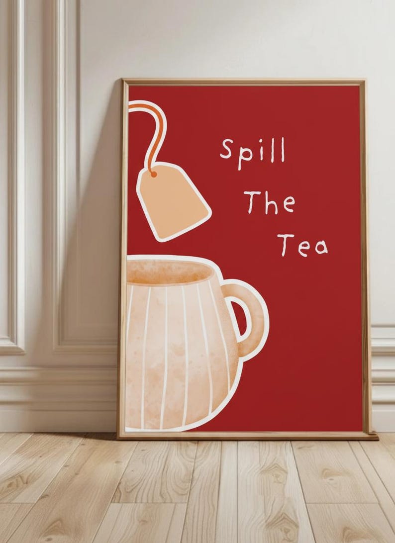 Spill the Tea Wall Art, Watercolor Tea Cup Art, Digital Download, Retro ...