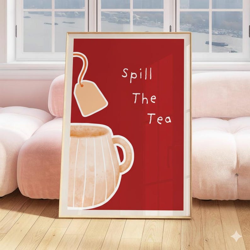 Spill the Tea Wall Art, Watercolor Tea Cup Art, Digital Download, Retro ...