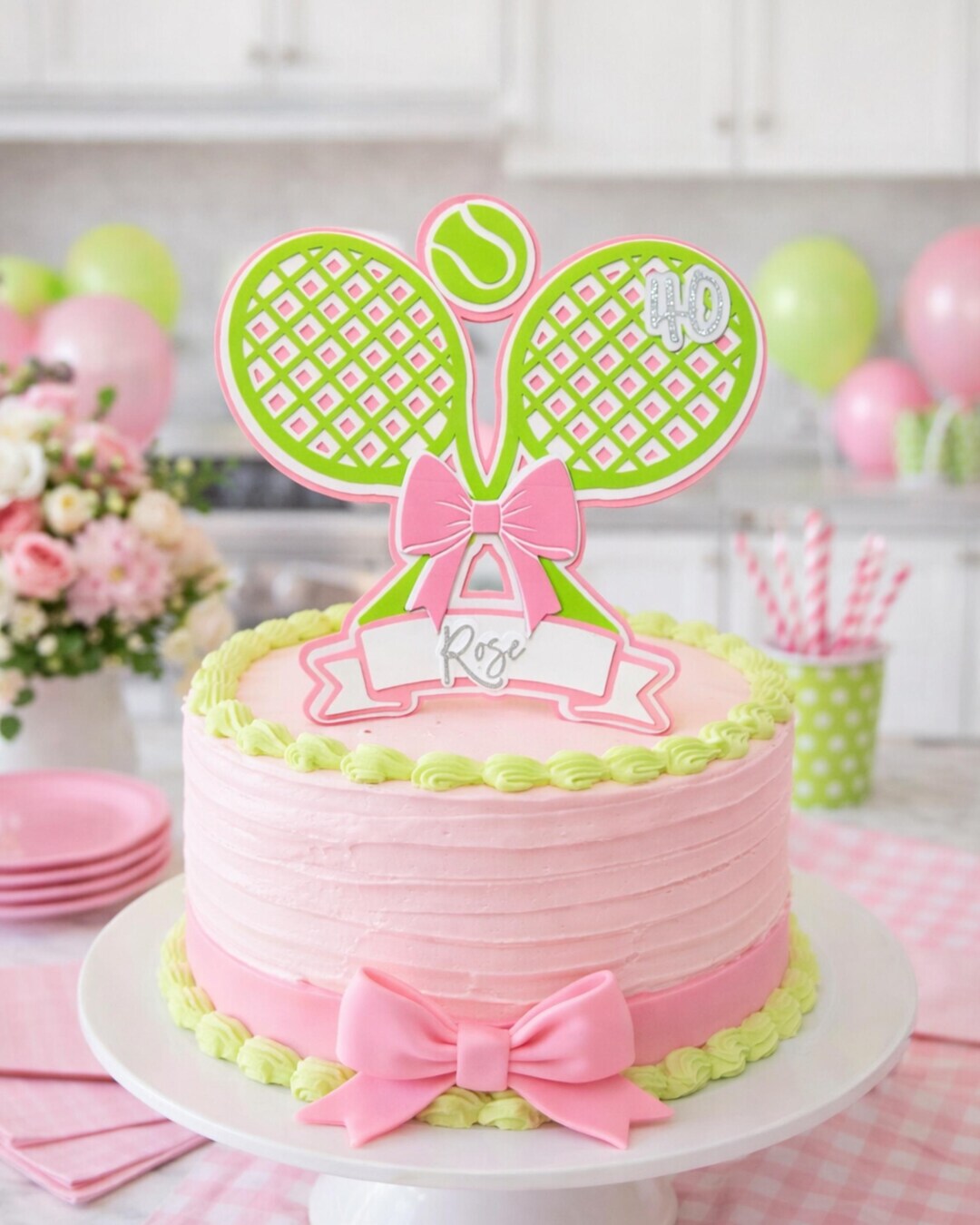 Personalized Tennis Birthday Cake Topper: Pink Bow, Preppy Design - Etsy