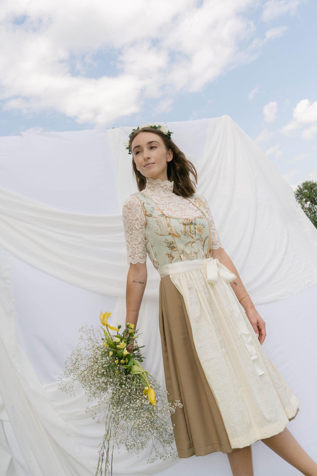 Handmade Designer Dirndl in Pastel Green & Beige With Cream-colored ...