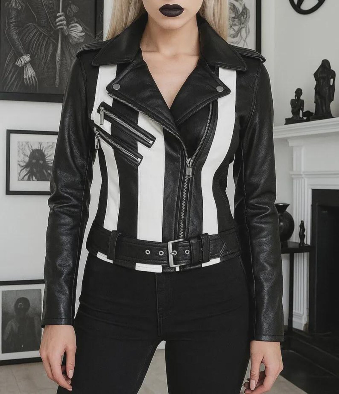 Striped Leather Biker Jacket: Women's Black & White Motorcycle Jacket ...