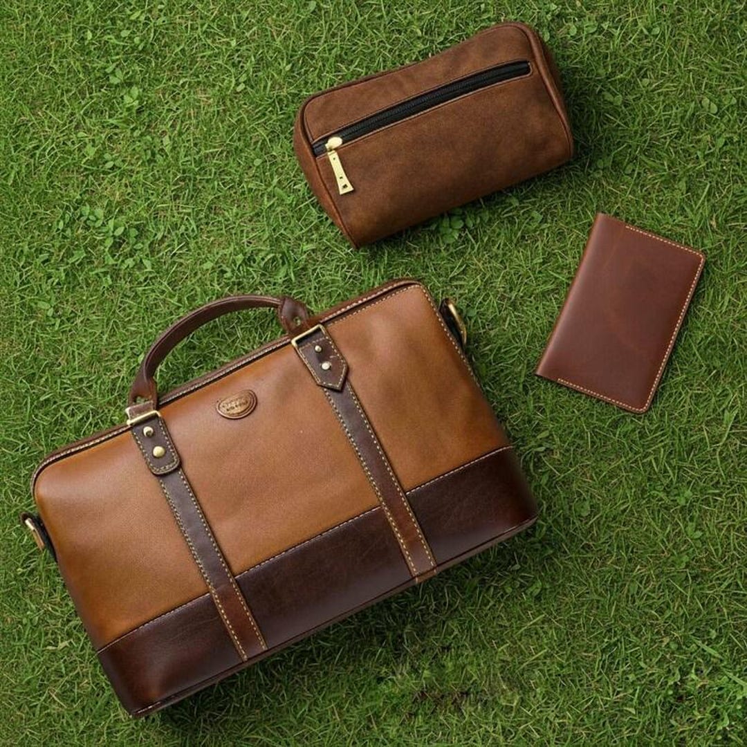 Handmade Top Grain Leather Travel Set: Duffle Bag, Toiletry Case ...