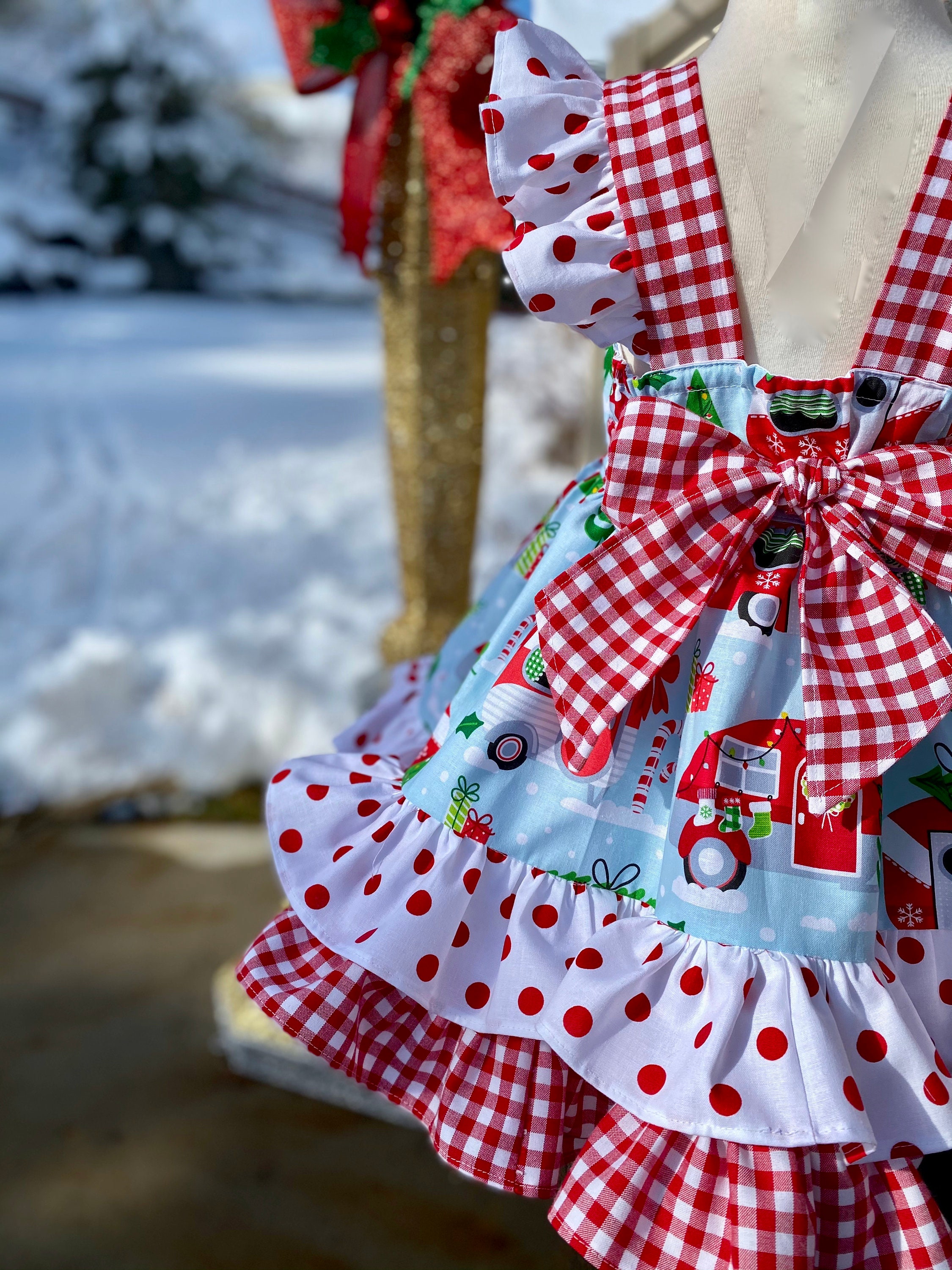 Christmas Camper Dress: Gingham Bow Straps, Festive Cotton - Etsy
