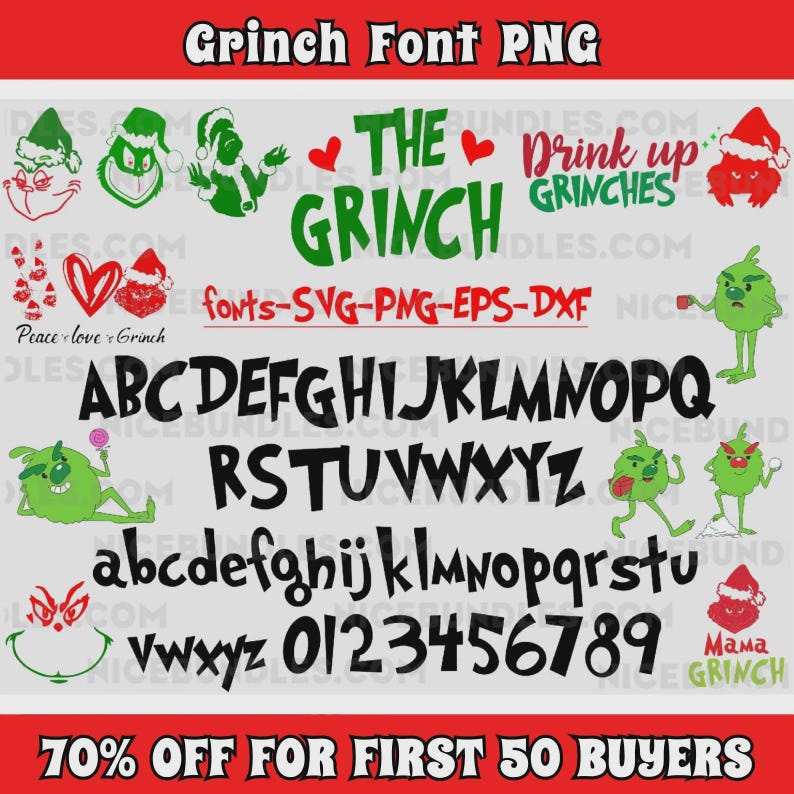 Grinch Christmas Font SVG Bundle: Holiday Doodle Alphabet (digital ...