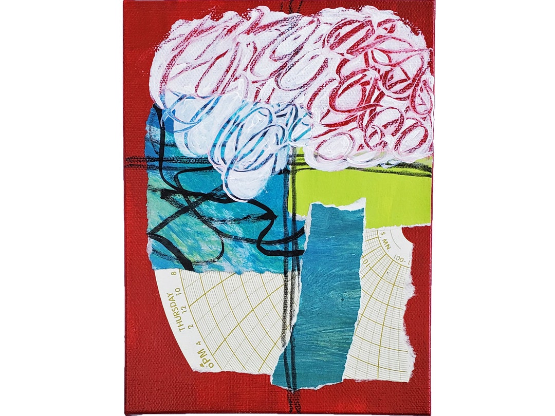 Mixed Media Collage "color Grid #3" Acrylic Paint: Red and White ...