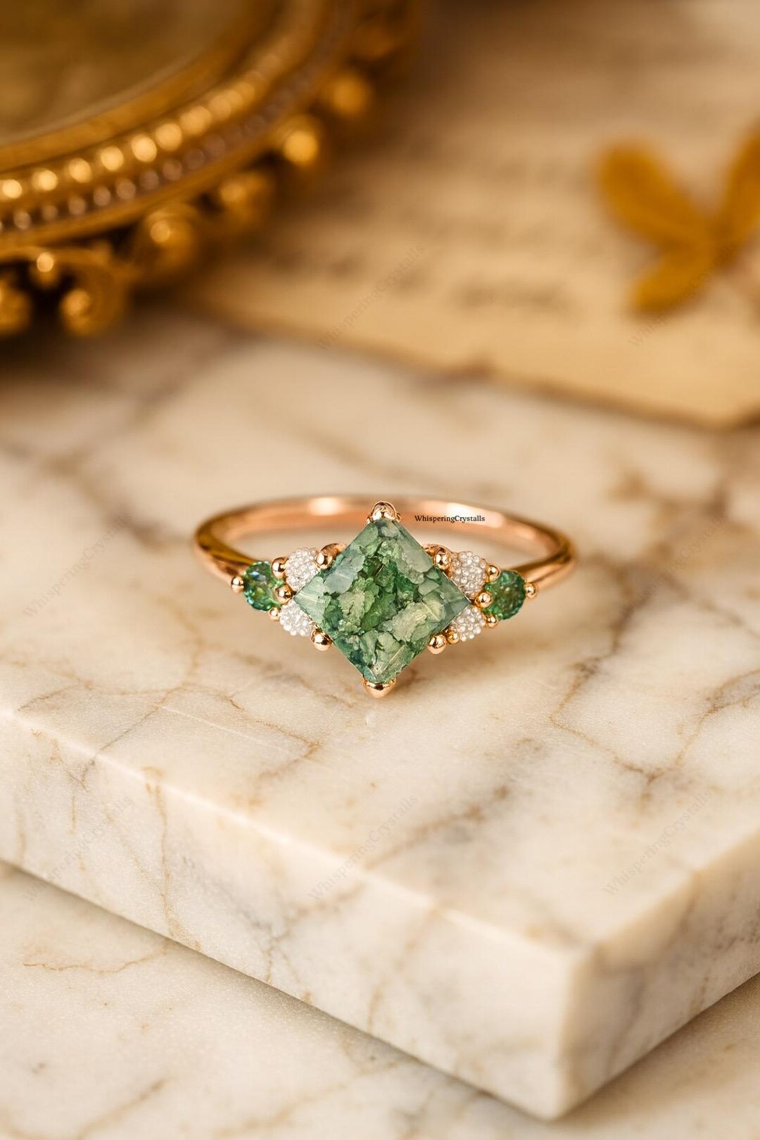 Vintage Princess Cut Moss Agate Proposal Ring, 14K Rose Gold Unique ...