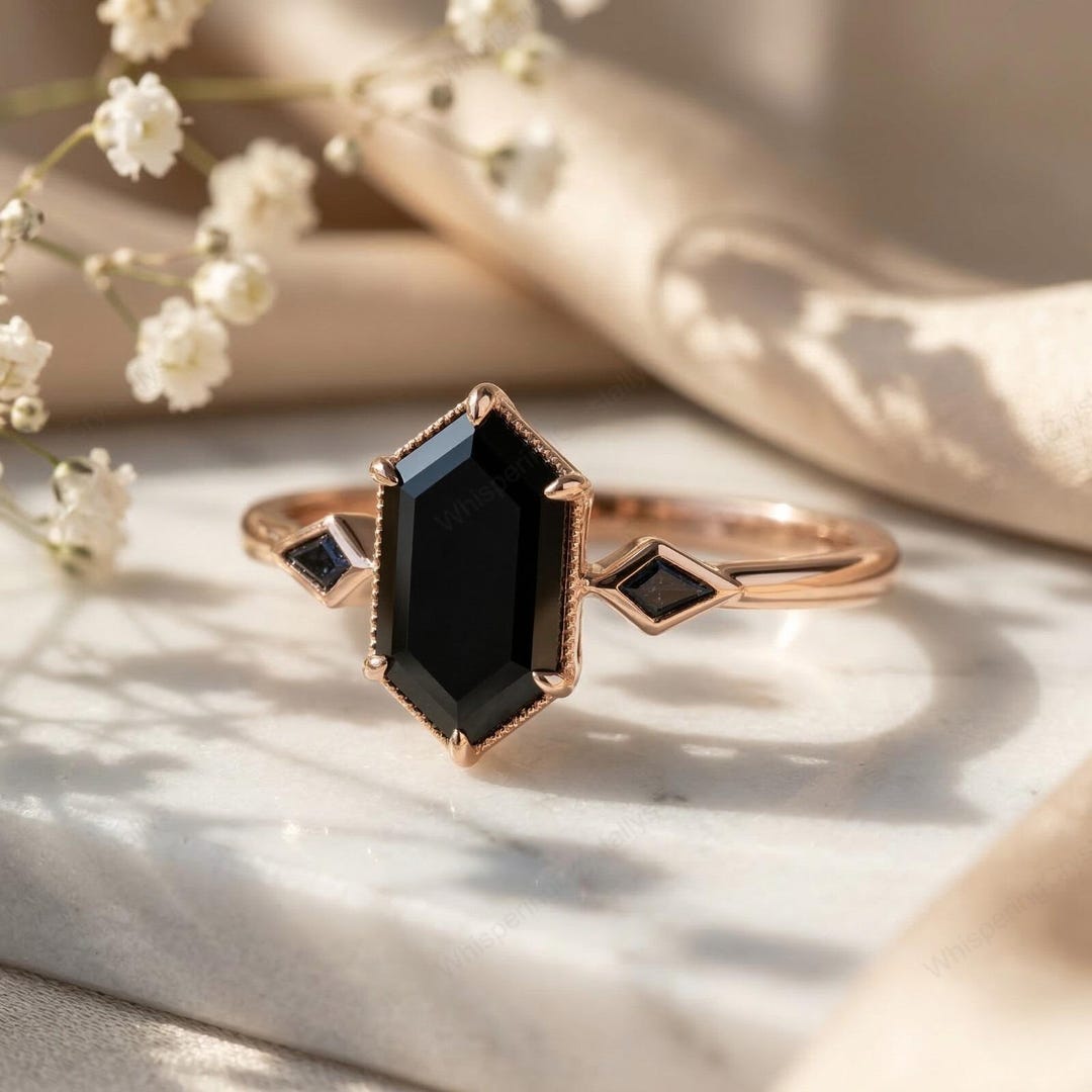 Hexagon Black Onyx Engagement Ring Rose Gold Gothic Wedding Ring ...