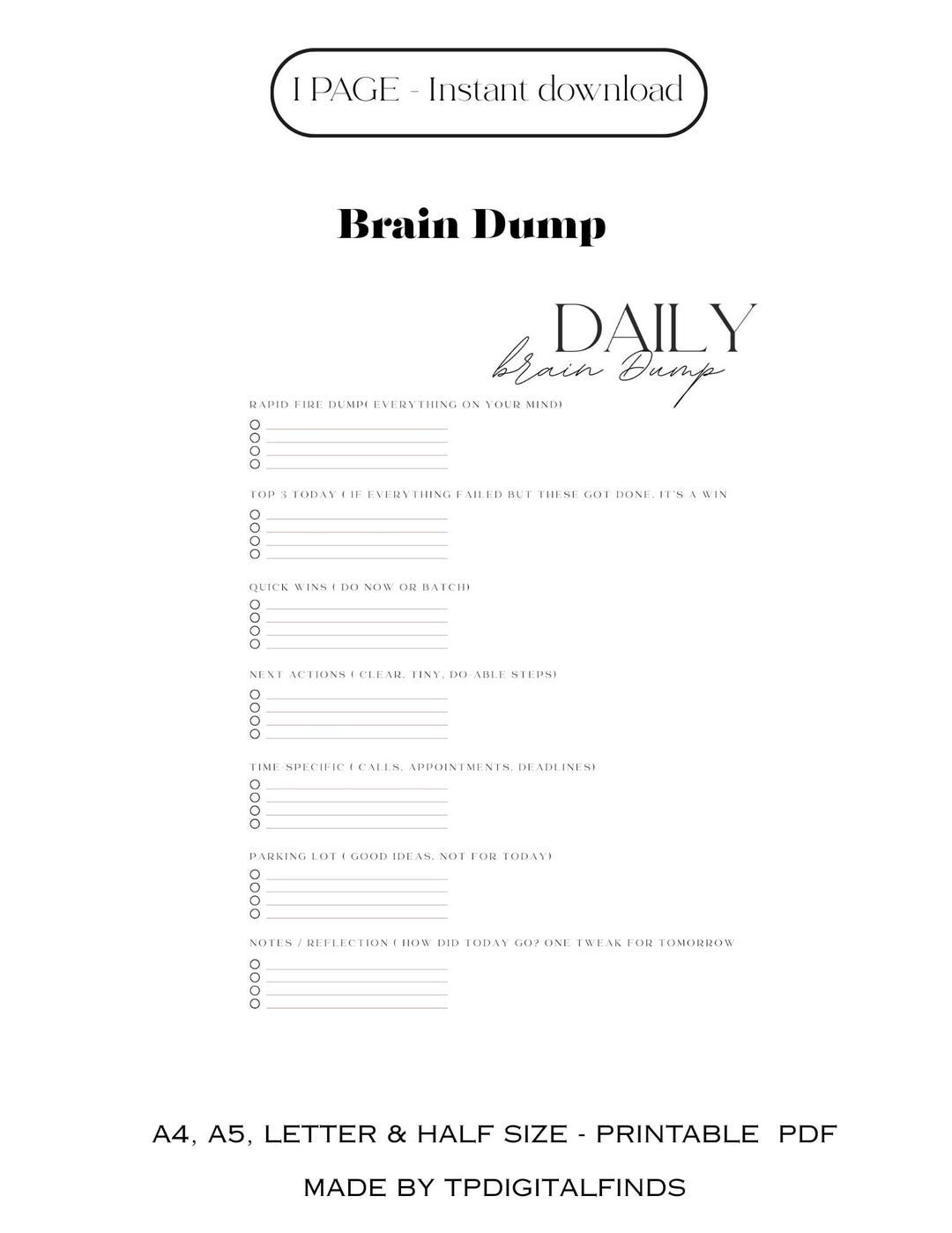 Daily Brain Dump Planner | Printable Productivity Worksheet ...