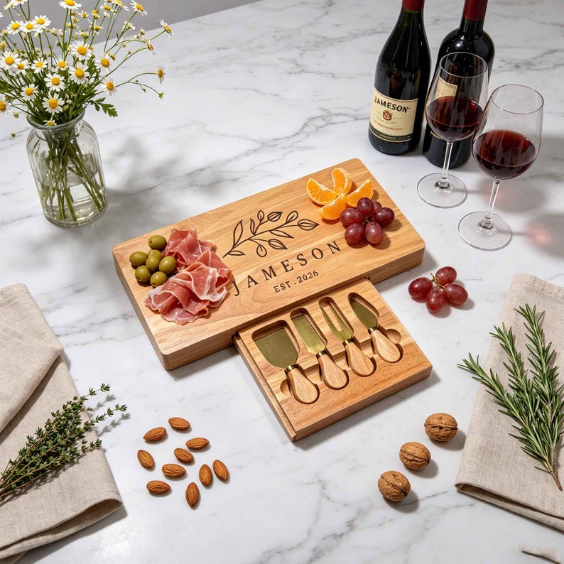 Acacia Cheese Board Set, Personalized Name & Date Engraved Serving ...