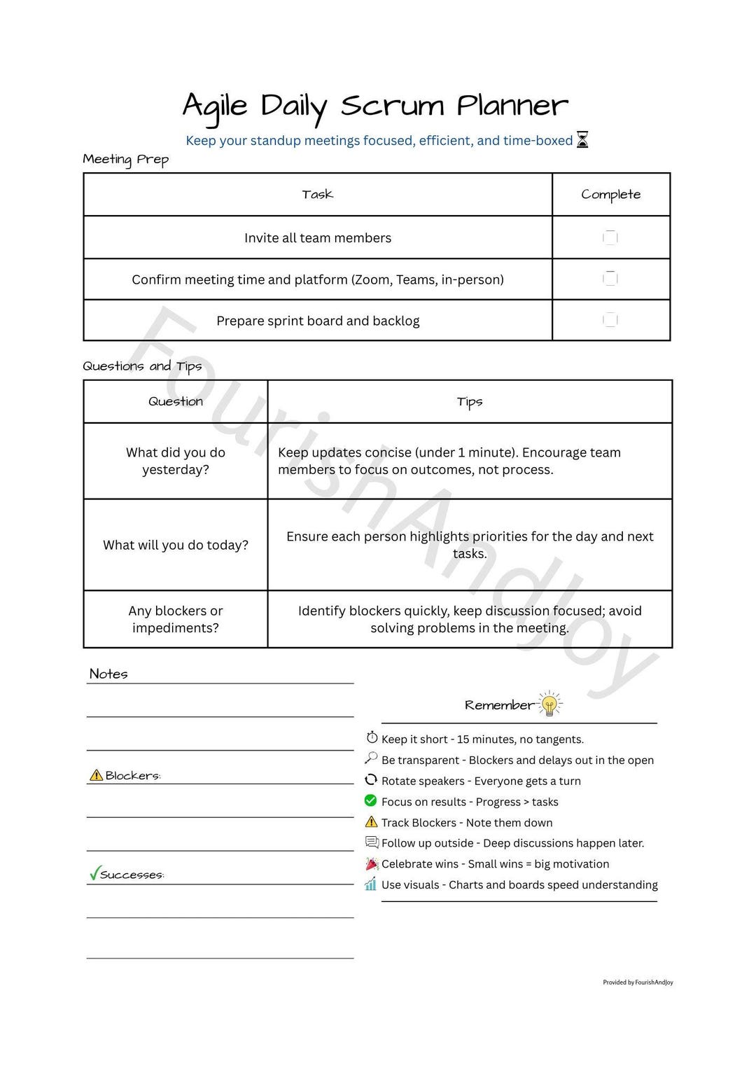 Agile Scrum Daily Planner | Printable Stand-up Checklist, Sprint ...