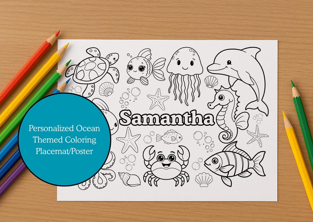 Personalized Ocean Coloring Placemat | Sea Creatures Activity (PDF) - Etsy