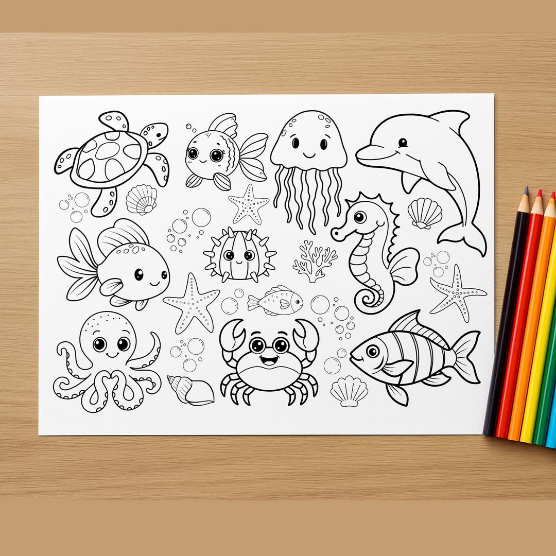 Ocean Animal Coloring Placemat / Poster for Kids | Printable PDF | Sea ...