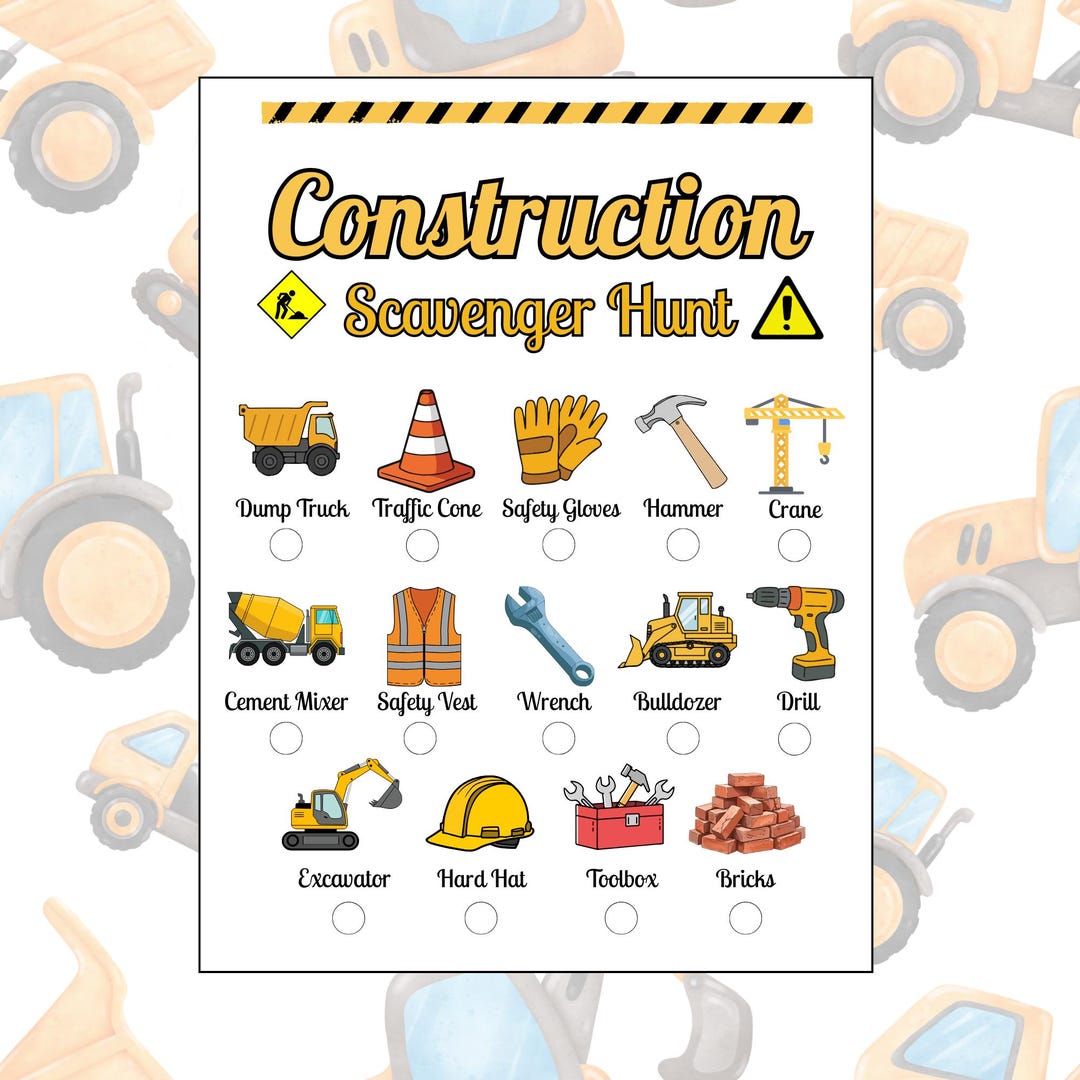 Construction Scavenger Hunt Game | Building Party Activity for Kids ...