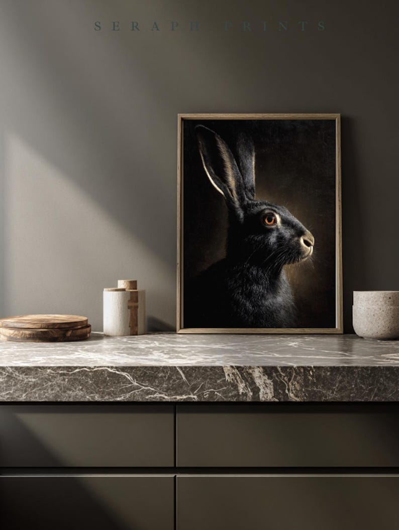 Black Rabbit Wall Art Print, Moody Bunny Illustration, Minimalist ...