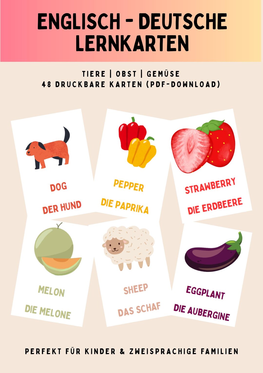 English–german Flashcards | Animals, Fruits & Vegetables | Printable ...