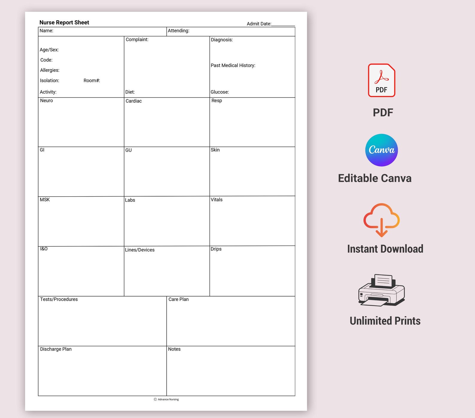 Nurse Brain Sheet Editable | Oncology Nurse Report Sheet for Patient ...