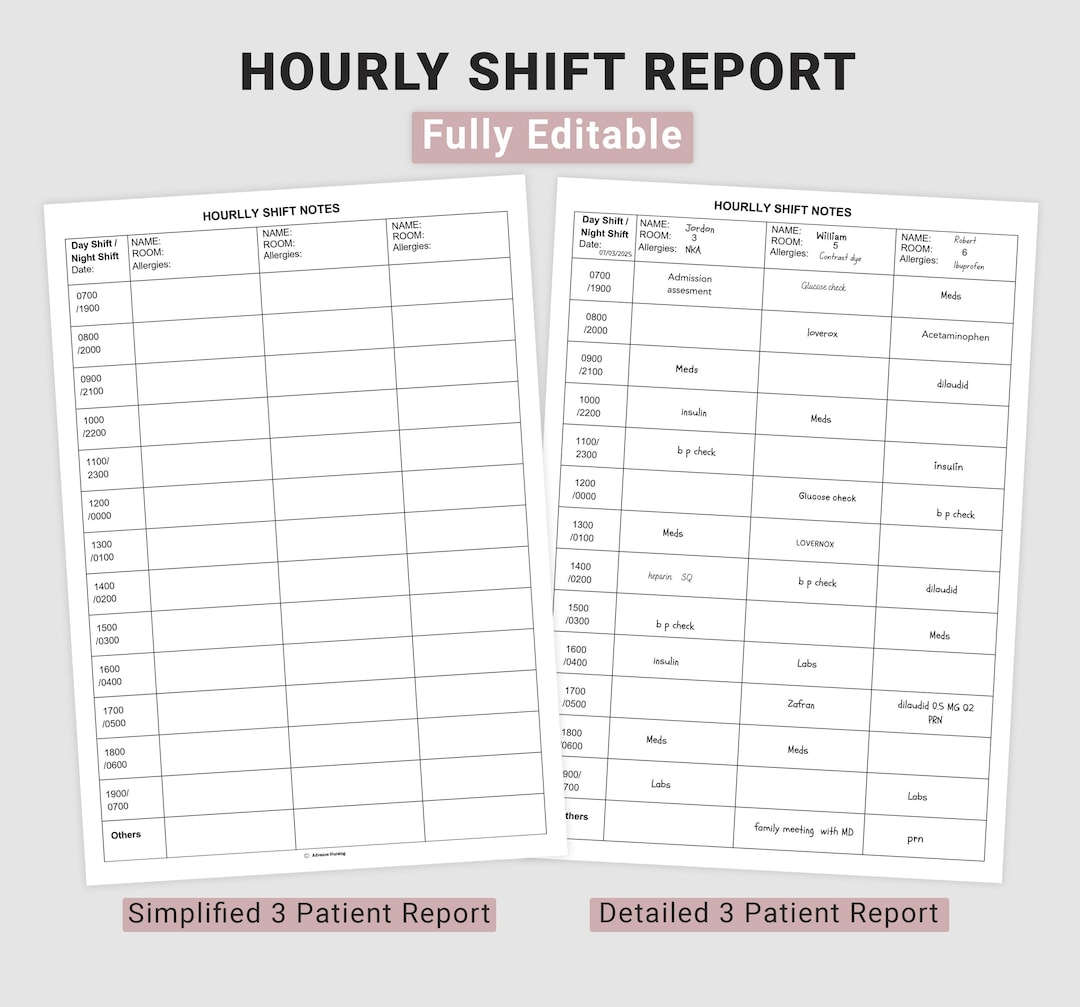 Nurse Report Sheet | Hourly Shift Organizer Template (canva & PDF) - Etsy