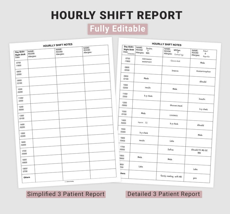 Nurse Report Sheet | Hourly Shift Organizer Template (canva & PDF) - Etsy