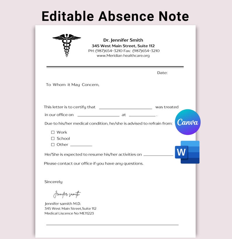 Editable Doctor Excuse Note: Work & School Leave Note (PDF, Word, Canva ...